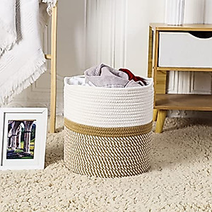 11x11x11 inch Cotton Rope Baskets for Shelf, Cube Storage Bins for Toy Cloth Blanket Organizing, Baby Nursery Basket, 3 Pack White & Brown