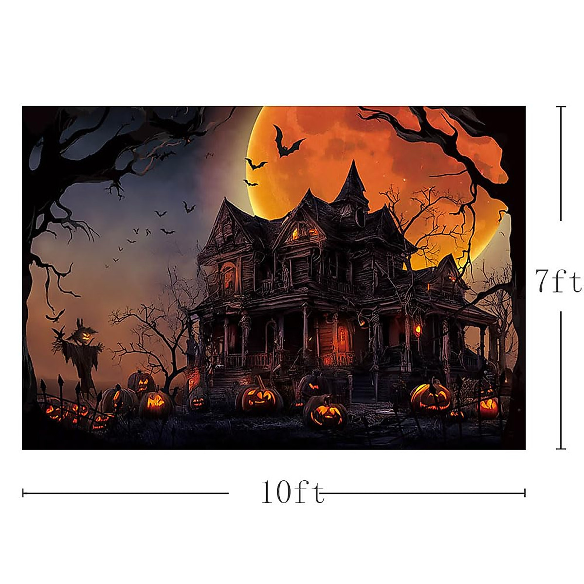MEHOFOND 10x7ft Scary Halloween Backdrop Moon Night Full Moon Bat Scary Pumpkin Horrible Halloween Background Gloomy Woods Trees Flying Bats Scary Crows Party Decoration Banner Props
