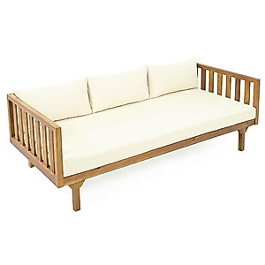 Merax Outdoor 3 Seater Daybed, Acacia Wood Day Bed Couch Sofa with Cushions for Patio Backyard, Garden, Beige