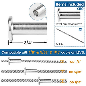 Muzata 60Pack Cable Railing Kit Protective Protector Sleeves Grommet for Wood Posts for 1/8" 5/32" 3/16" Wire Rope T316 Stainless Steel Cable Deck Hardware CR88