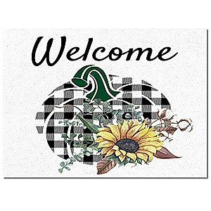 Indoor Area Rugs Thanksgiving Sunflower Pumpkin Non-Slip Floor Mats Black White Plaid Rectangular Carpet Soft Washable Rugs for Living Room/Bedroom/Hallway Home Decor - 4x6 Feet