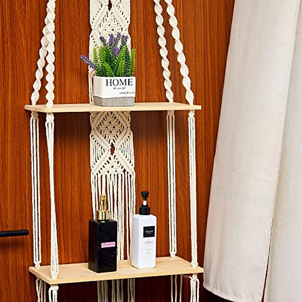 Macrame Wall Hanging Shelf, 2 Tier Boho Wall Shelves with Handmade Woven Rope, White Hanging Wall Shelf Bedroom Decor Wooden Hanging Storage Floating Shelves for Kitchen Living Room
