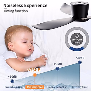 Low Profile Ceiling Fan Light,52In Flush Mount Ceiling Fan Lights Remote Control with 3 Reversible Blades,18W 3CCT LED Light 6 Speed DC Motor Ceiling Fan For Bedroom/Farmhouse/Patios/Living Room Black