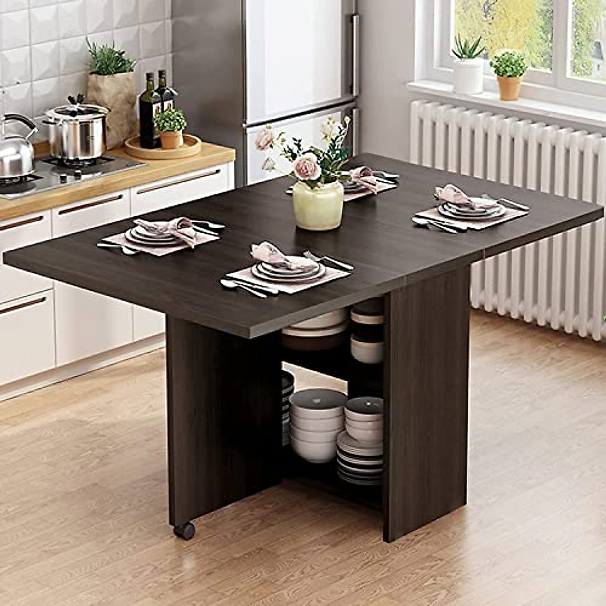 DINAZA Folding Dining Table Drop Leaf Table for Small Spaces with 2 Tier Storage Racks Multifunction Space Saving Table Extension Dinner Table for Kitchen Bedroom