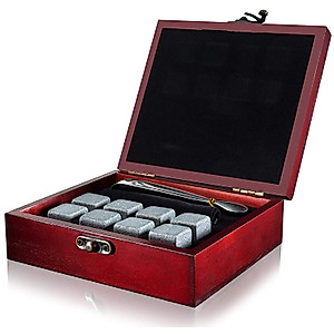 Gift Set of 8 Whiskey Chilling Stones [Chill Rocks] - in Premium Wooden Gift Box with Stainless Steel Tongs and Velvet Carrying Pouch - Made of Pure Soapstone - by Quiseen