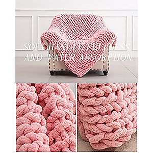 SPAOMY Chunky Knit Blanket Chenille Handmade Throw Blanket Cozy Warm Blanket for Bed Couch Home Decor(60x60 in,Pink)