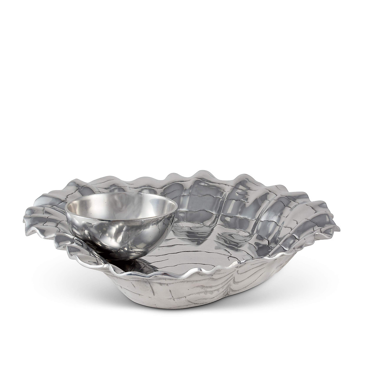 Arthur Court Aluminum Metal Oyster Chip Bowl with Pearl Dip Bowl - Formal and Everyday Coastal décor 15 inch x 13.5 inch