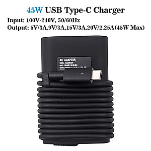 HotTopStar 45W USB-C Laptop Charger Compatible for Dell XPS 13 9370 9360 9380 7390 2in1 XPS 12 9250 Latitude 7275 7370 7290 5285 5290-2in1 Chromebook 3100 3400 LA45NM150 Type C Power Cord Supply