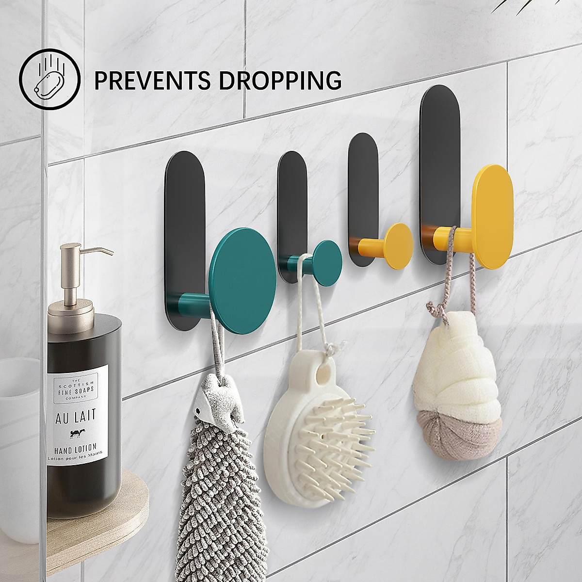 Adhesive Towel Hooks – Strong, No-Drill Hanging Coat Hooks perfect for holding robes, sponges, and loofahs in bathrooms, kitchens, and homes; brushed carbon steel with robust adhesive - 4-Pack.