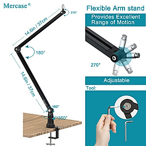 Mercase Boom Arm, Foldable Desktop Metal Mic Stand, Adjustable Scissor Microphone Arm Stand with Desk Mount Clamp, Hidden Cable Trough, 3/8" to 5/8" Adapter for Blue Yeti Snowball HyperX QuadCast