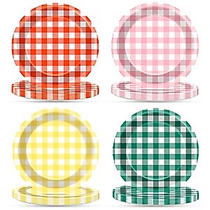 Lonfliness 48Pcs Camp Gingham Paper Plates 7Inch Gingham Checkered Bachelorette Party Supplies Glamping Birthday Tableware Dinnerware Set Summer Plaid Camping Themed Party Favors Baby Bridal Shower