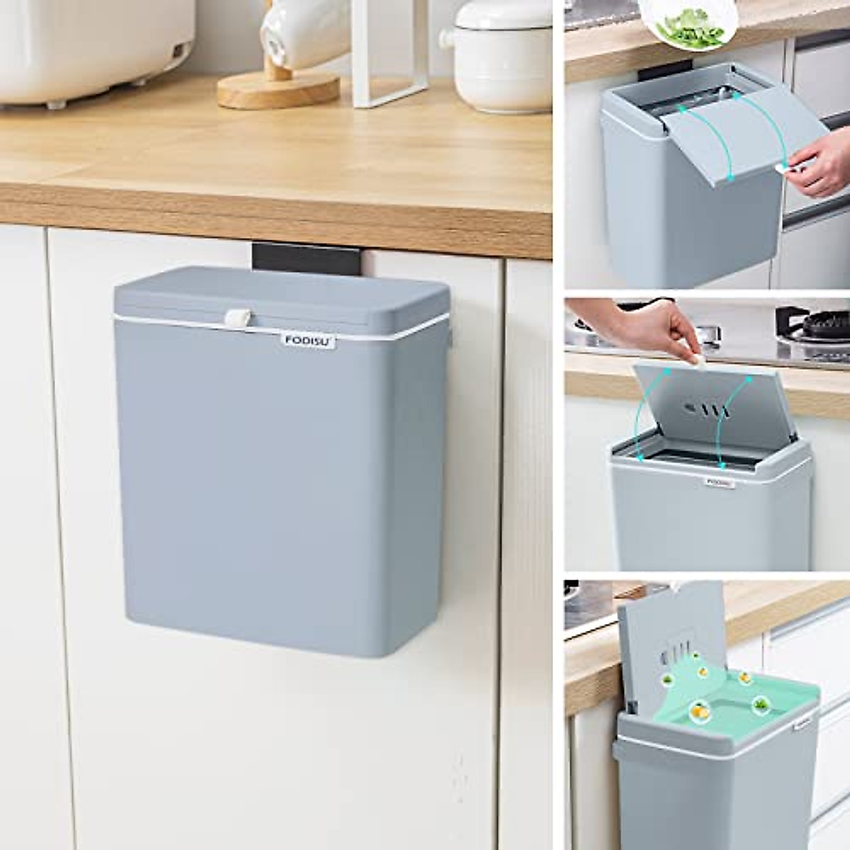 Kitchen Compost Bin with Lid - FODISU 2.4 Gallon Hanging Trash Can for Counter Top or Under Sink, 9 Liter Under Sink Garbage Can, Plastic Wall-Mounted Waste Bin for Kitchen Cabinet Door, Bathroom, RV