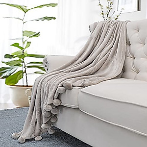 Home Soft Things Pompom Bed Couch Throw Blanket, 50'' x 60'', Silver Grey, Fuzzy Soft Comfy Warm Decorative Throw Blanket for Living Room Bedroom Suitable for All Seasons