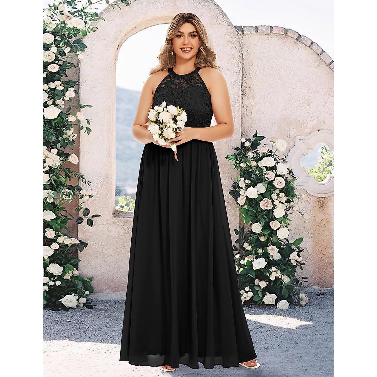 Wedtrend Halter Floral Lace Long Chiffon Wedding Bridesmaid Dress Cocktail Party Gown WT0201Black2XL