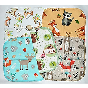 1 Ply Printed Flannel Little Wipes 8x8 Inches Set of 5 Sweet Woodland Animals