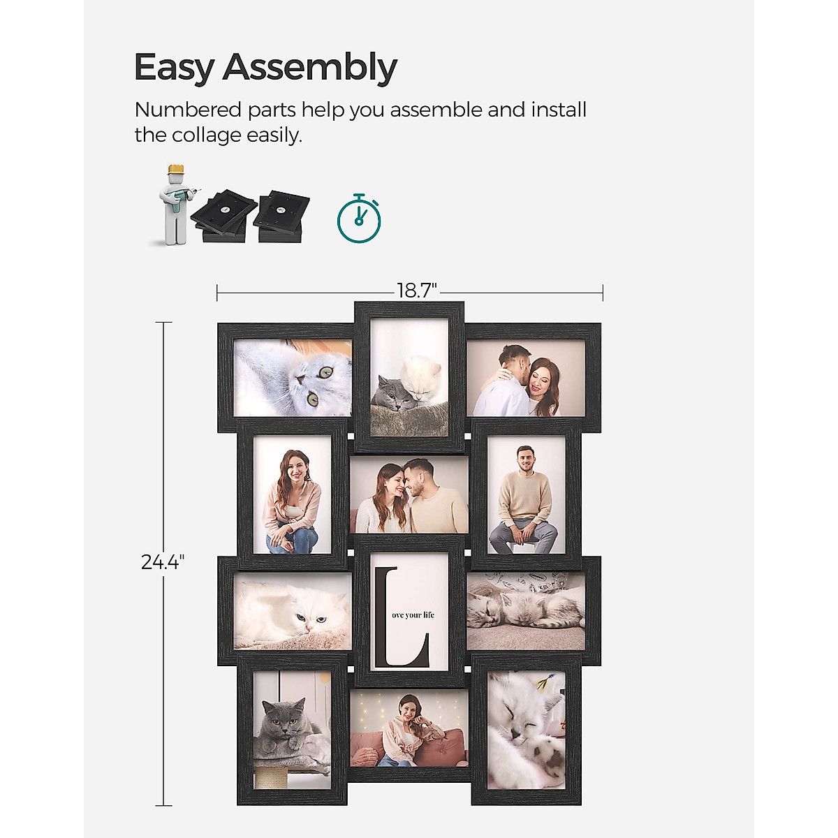 SONGMICS Collage Picture Frames, 4x6 for Wall Decor Set of 12, Multi Family Photo for Gallery Decor, Hanging Display, Assembly Required, Ink Black