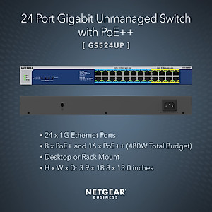 NETGEAR 24-Port Gigabit Ethernet Unmanaged PoE Switch (GS524UP) - with 8 x PoE+ and 16 x Ultra60 PoE++ @ 480W, Desktop or Rackmount, and Limited Lifetime Protection