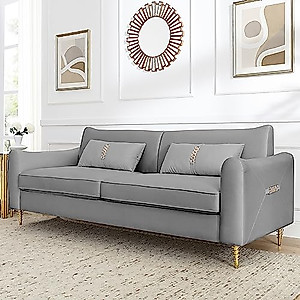 Goohome Tufted Couch, Chesterfield Velvet Upholstered 3-Seater Comfy Sofa, Living Room Furniture Sets, with Solid Wood Frame and Gold Legs, Fit for Bedroom, Office, A-Gray a