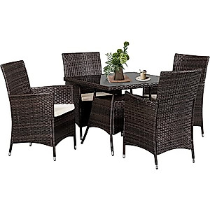 SUNCROWN 5 Piece Outdoor Dining Set All-Weather Wicker Patio Dining Table and Chairs with Cushions, Square Tempered Glass Tabletop with Umbrella Cutout for Patio Backyard Porch Garden Poolside