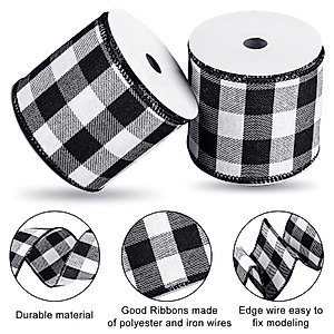 Whaline 2 Rolls Wired Edge Plaid Ribbon Christmas Buffalo Check Ribbon White Black Plaid Ribbon 2.5" Wide Farmhouse Craft Ribbon for DIY Gift Wrapping Wreath Xmas Tree Bow Decoration, 10 Yard
