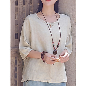 Minibee Women's Elbow Sleeve Linen Tunic Tops Solid Color Retro Blouse Linen L