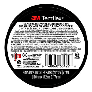 3M Temflex Vinyl Electrical Tape, 1700, 3/4 in x 60 ft, Black 1.5core (3-Roll)