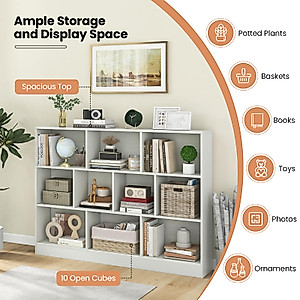 Costzon Montessori Shelf, 10-Section Toy Storage Organizer for Books Toys, 3 Tier Wooden Storage Cabinet, Kids Bookshelf for Playroom, Preschool, Classroom, Daycare (White)