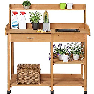 Topeakmart 45.2x17.7x47.6'' (LxWxH) Potting Benches Outdoor Garden Potting Table Work Bench with Removable Sink Drawer Rack Shelves Work Station, Wood