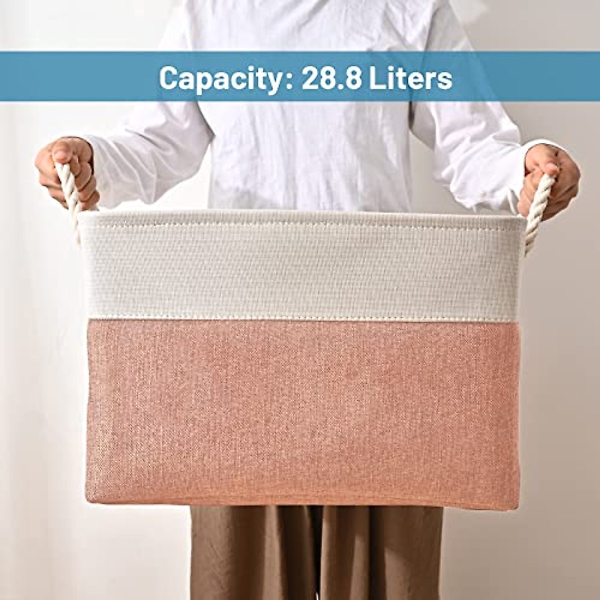 HOdo Home Fabric Storage Bin with Drawstring Closure and 2 Bold Handles, Collapsible Large Canvas Storage Baskets for Organizing Shelf Nursery Home Closet (White&Pink, 15.8L×11.8W×9.5H - 3Pack)