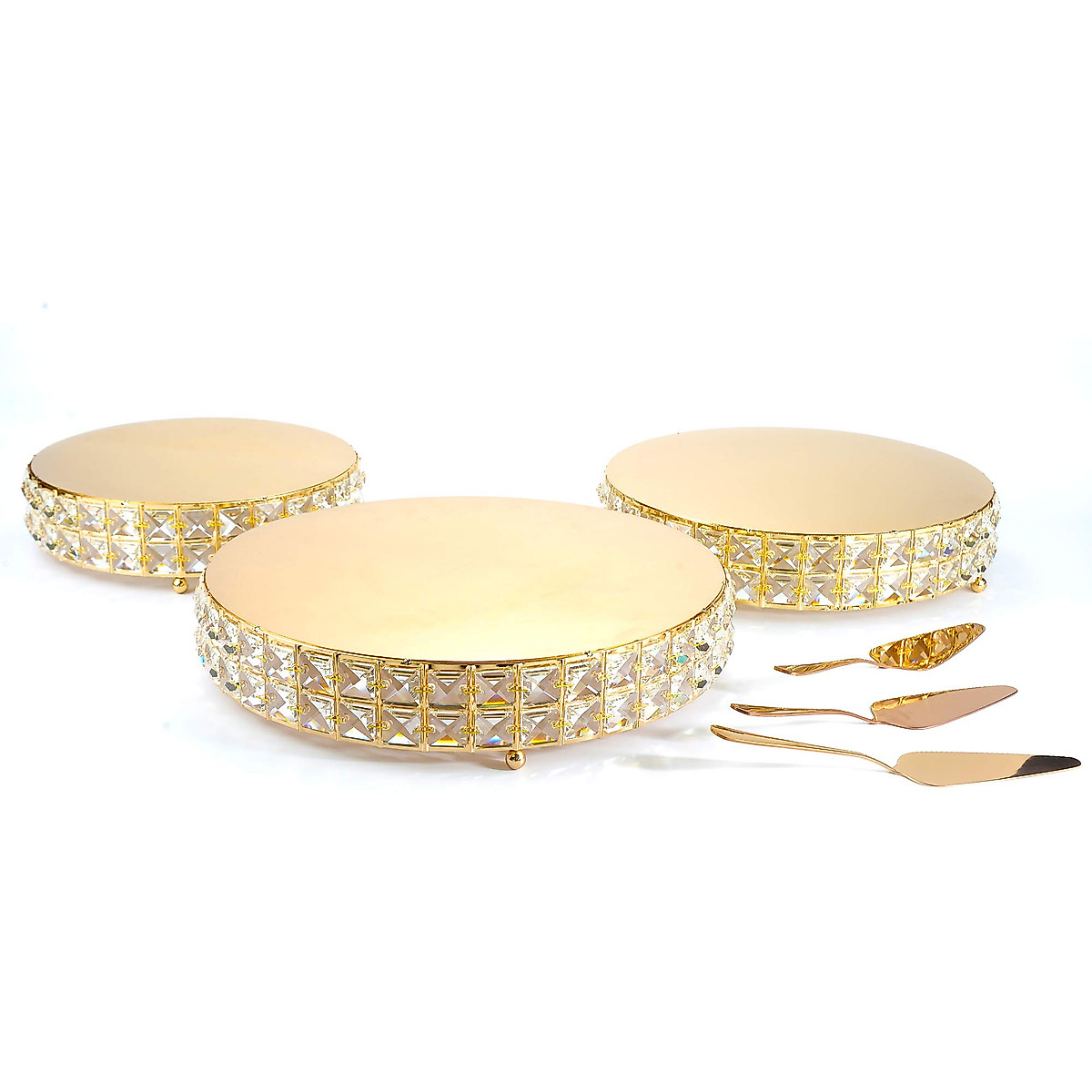LINDLEMANN-Shiny Cake Stand-Decorative Metal Cake Holder with Spatula-Round Cake Stand-Genuine Mineral Crystals-Set of 3 Serving Plate Display- Mothers' & Easter Day Gift Tray-Gold (10 + 12 +13.5 in)