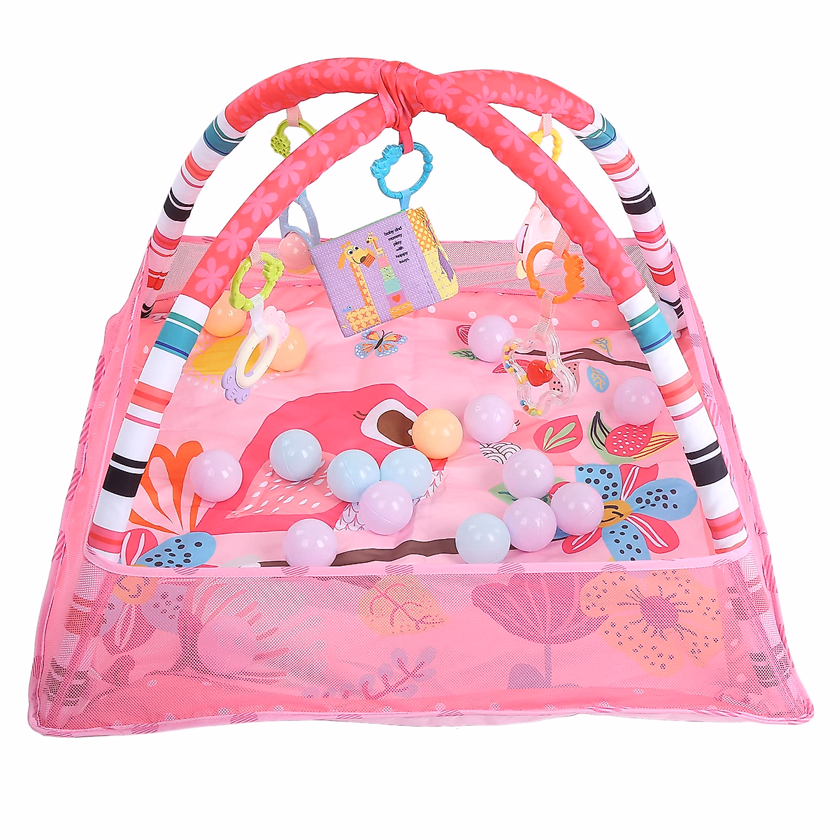 Baby Gym and Infant Play Mat Newborn Crawling Activity Center Soft Early Development Playmats with Safety Net and Ball and Hanging Toys (Pink)