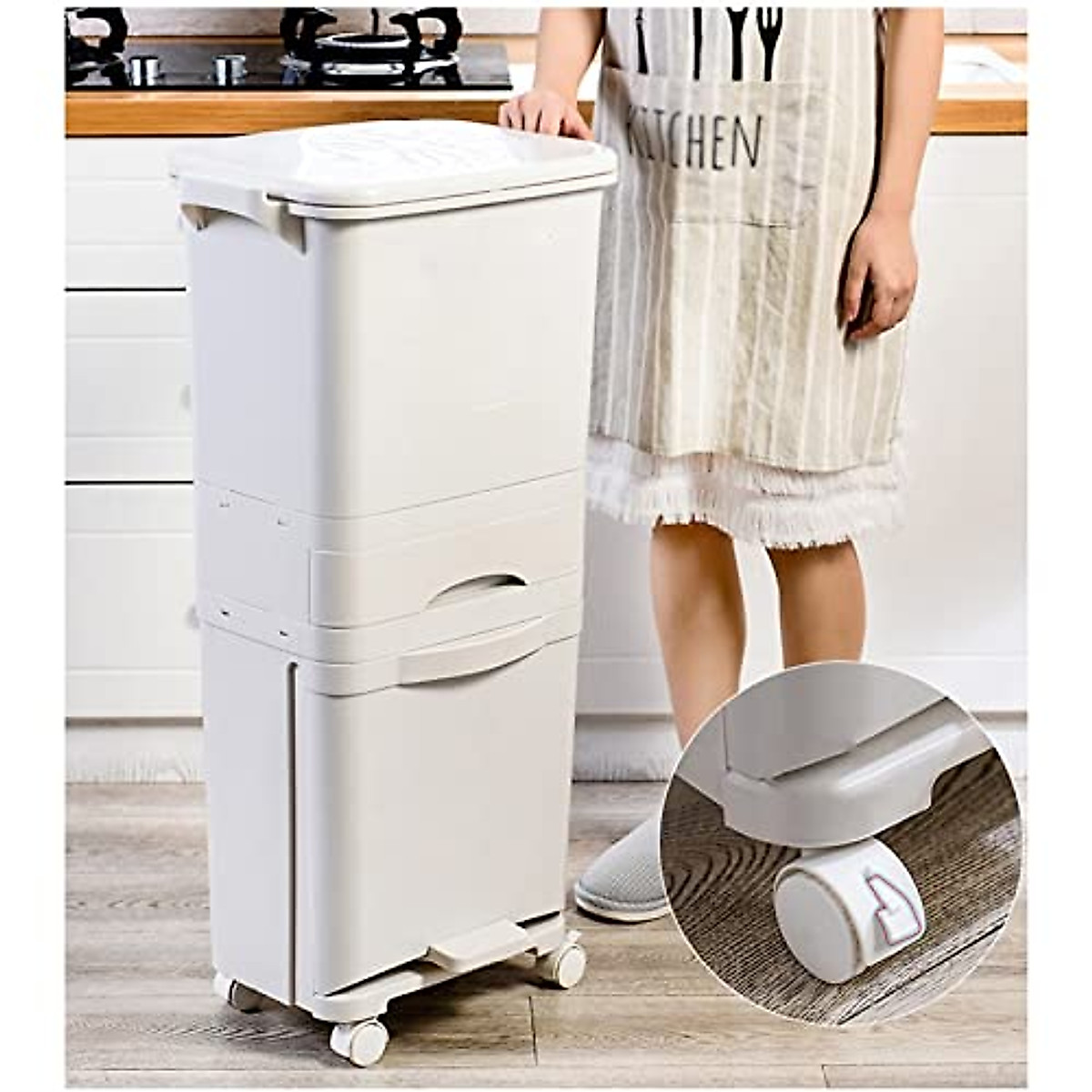 taimowei 42L Waste Bin Trash Can Dustbins Wheel Pedal Type with Lid 3-Layer Paper Basket Kitchen 42X28.2X112.2CM
