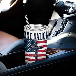 One Nation Under God Cross 20 OZ Stainless Steel Tumbler Travel Car Coffee Mug with Straw Lid Cleaning Brush Coffee Tumbler Mug for Women Men