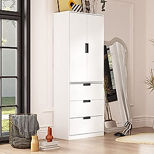 Homsee Wardrobe Armoire with 2 Doors, Hanging Rod & 3 Drawers, Wooden Closet Storage Cabinet with Adjustable Hanging Rod for Bedroom, White (27.6”L x 15.7”W x 70.9”H)