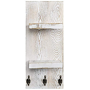 MyGift Wall Mounted White Washed Solid Wood Bathroom Shelf Rack with 2 Tier Shelves and 3 Dual Hooks, Wall Hanging Storage Display for Bath Supplies and Decor