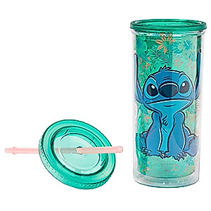 Silver Buffalo Lilo and Stitch Tropical Pattern Plastic Tall Tumbler/Cold Cup with Lid and Straw, 20-Ounce