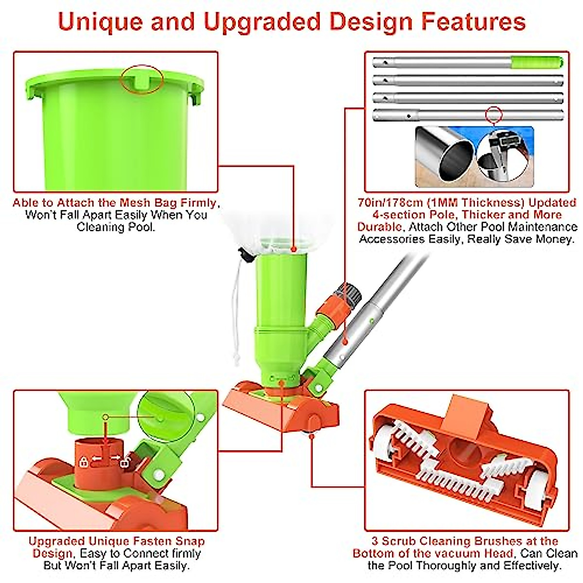 POOLKEY Upgraded 70" Portable Pool Vacuum Cleaner with Unique Lock Catch Design, 4 Section Poles of 70", Handheld Pool Vacuum Jet Cleaner Attaches to Garden Hose for Above Ground Pool Spas Ponds