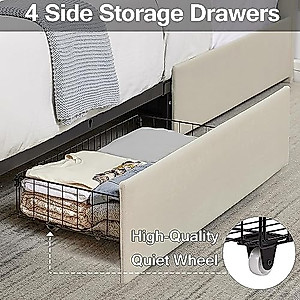VECELO Full Size Upholstered Bed Frame with 4 Drawers and Adjustable Headboard, Velvet Platform Storage Bedframe Mattress Foundation, Wooden Slats Support, No Box Spring Needed, Beige
