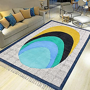 Casavani Indian Handmade Cotton Dhurrie Bordered Blue & Yellow Area Rug Boho Kilim Flat Weave Rug Indoor Hall Room Decor Carpet Throw Rugs for Bedroom Living Room Bathroom Balcony 6x12 Feet Runner