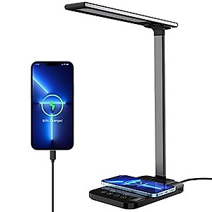 Becament LED Desk Lamp with Wireless Charger, USB Charging Port, 5 Color Modes with 5 Brightness Levels, Dimmable Home Office Lamp, Touch Control, 30/60 Min Timer, Eye-Caring Reading Table Lamp, Black