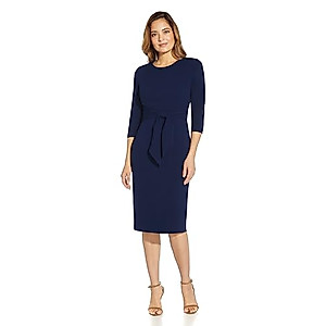 Adrianna Papell Womens Knit Crepe Tie Waist Sheath Dress, Navy Sateen, 10 US