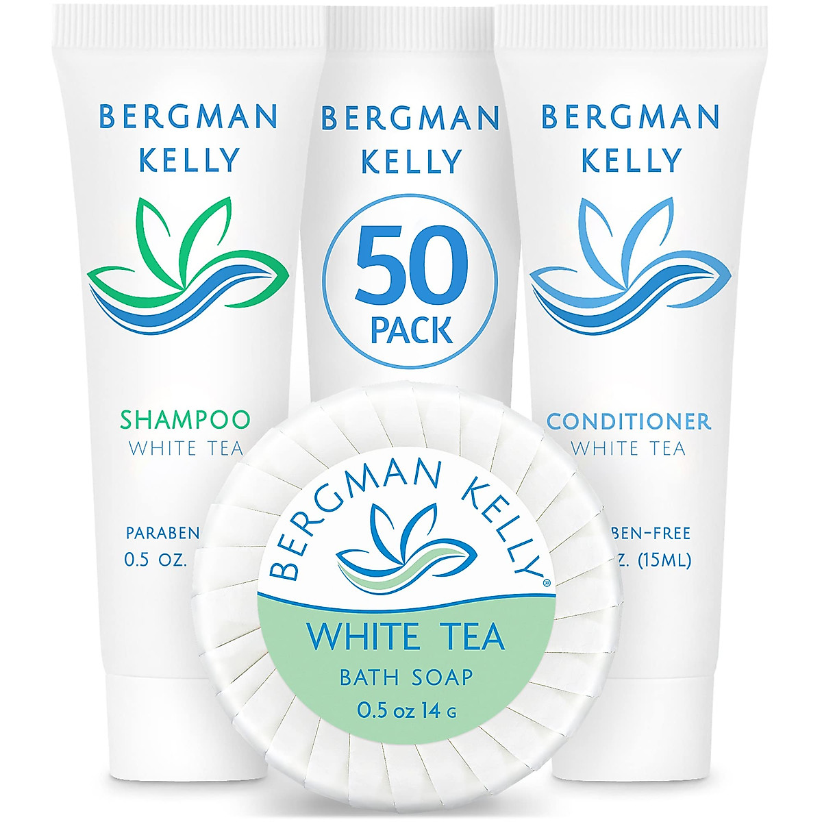 BERGMAN KELLY Round Hotel Soap Bars, Shampoo & Conditioner 3-Piece Set (0.5 oz each, 150 pc, White Tea), Delight Your Guests with Revitalizing & Refreshing Mini Travel Toiletries & Bulk Amenities