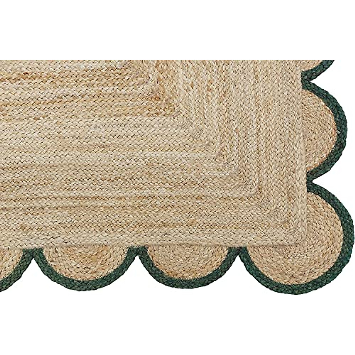 THE PIKKU INTERNATIONAL - Handmade Jute Rug Beige with Scallop Green Border Rectangle Hand Woven Farmhouse Jute Area Rug (7 x 11 ft)