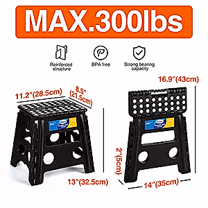 Korpai 13" Folding Step Stool for Adults and Kids Holds Up to 300 lbs,Non-Slip Folding Stools with Portable Handle, Compact Plastic Foldable Step Stool for Bathroom,Bedroom, Kitchen,Black,1PC