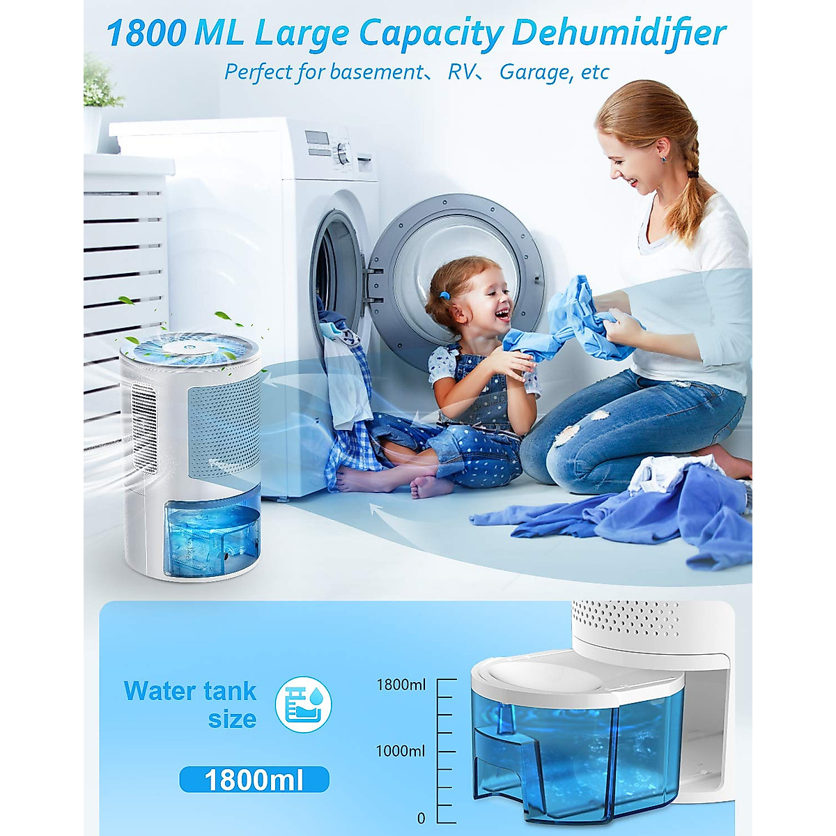 LONONEN Dehumidifiers - 5000 Cubic Feet Upgraded Large Dehumidifiers for Home Basements with Drain Hose, 61 oz Quiet Portable Dehumidifier Small for Room Bathroom Bedroom Closet RV Up to 450 Sq ft