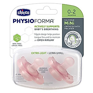 Chicco PhysioForma 100% Soft Silicone Mini One Piece Pacifier for Babies Aged 0-2 Months | BPA & Latex Free | Reusable Sterilizing Case | Pink, 2pk