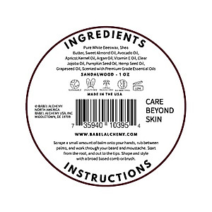 Babel Alchemy Beard Balm and Conditioner - All Natural Organic Grooming Beeswax Balm for Leave-In Conditioning, Styling, Softening, and Promoting Growth (Sandalwood)