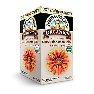 Newman's Own Organic Sweet Cinnamon Spice Herbal Tea with Rooibos Tea with Organic Ginger 20 Individually Wrapped Tea Bags Per Box USDA Certified and Kosher Cinnamon Tea Caffeine-Free