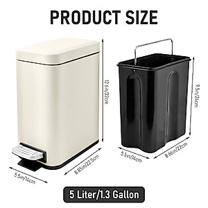 M-Aimee 1.3 Gallon Slim Small Trash Can with Lid Soft Close, Stainless Steel Garbage Can for Bathroom Bedroom Office, Rectangular Step Trash Bin with Removable Inner Waste Basket (Beige)
