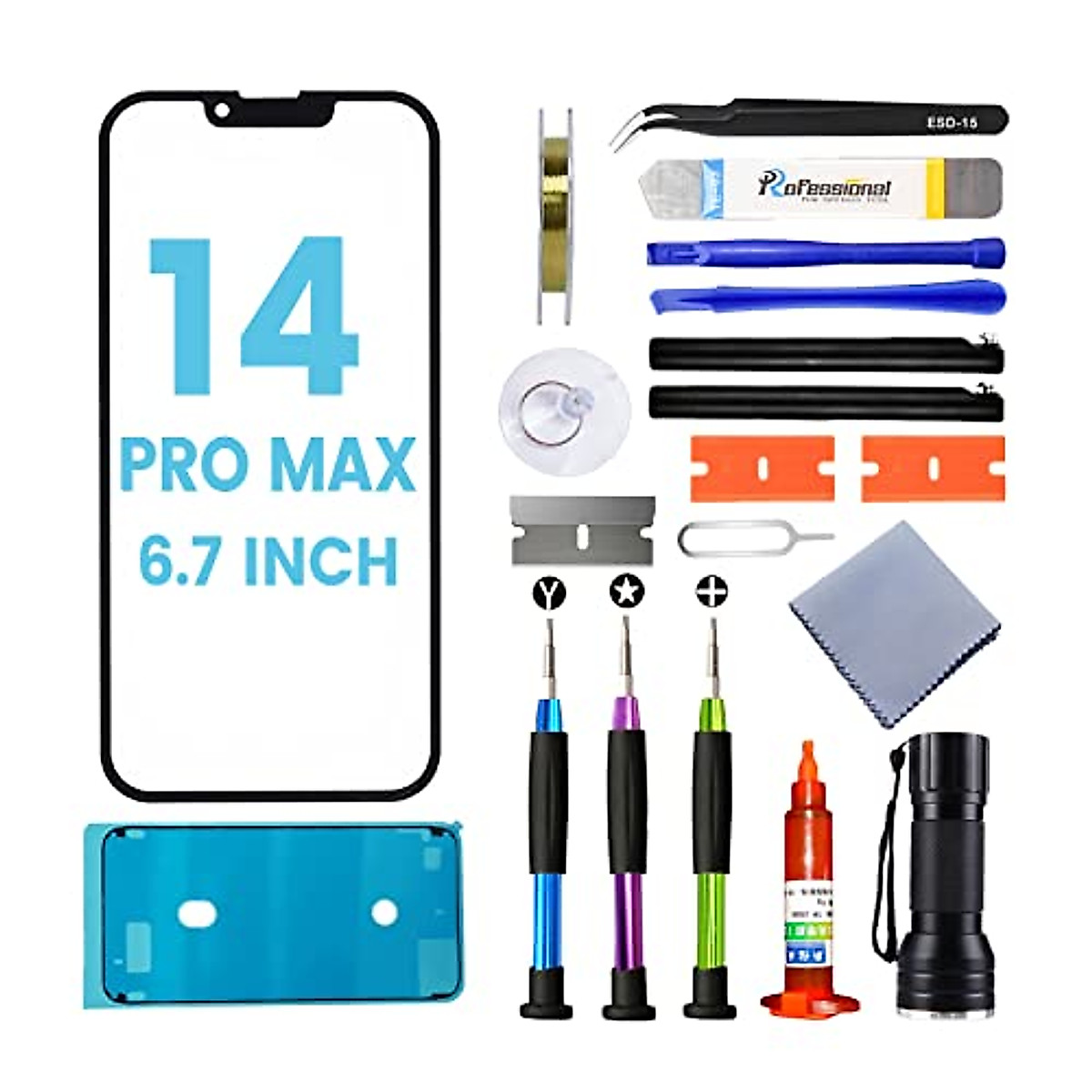 Tpyag for iPhone 14 Pro Max Screen Replacement, Glass Replacement for iPhone 14 Pro Max 6.7 inch, Screen Repair Kit with Waterproof Adhesive(NO OLED & Touch Digitizer)